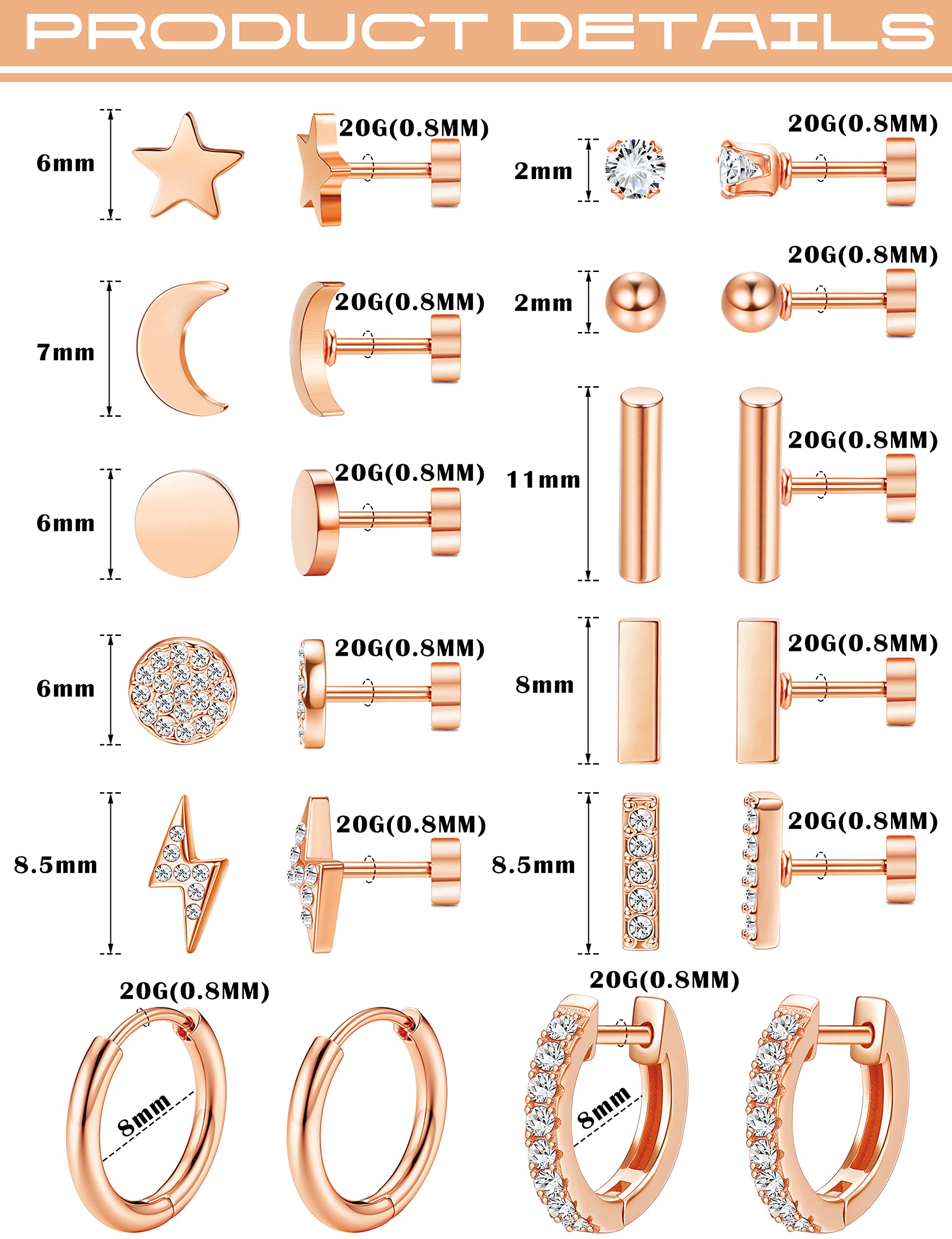 FASACCO 10Pairs Flat Back Earrings for Women Men - Hypoallergenic 14K Gold Plated Stainless Steel Flatback Stud Small Huggie Hoop Earrings 20G Tiny Gold Stud Earring Sets for Multiple PIercing Rose