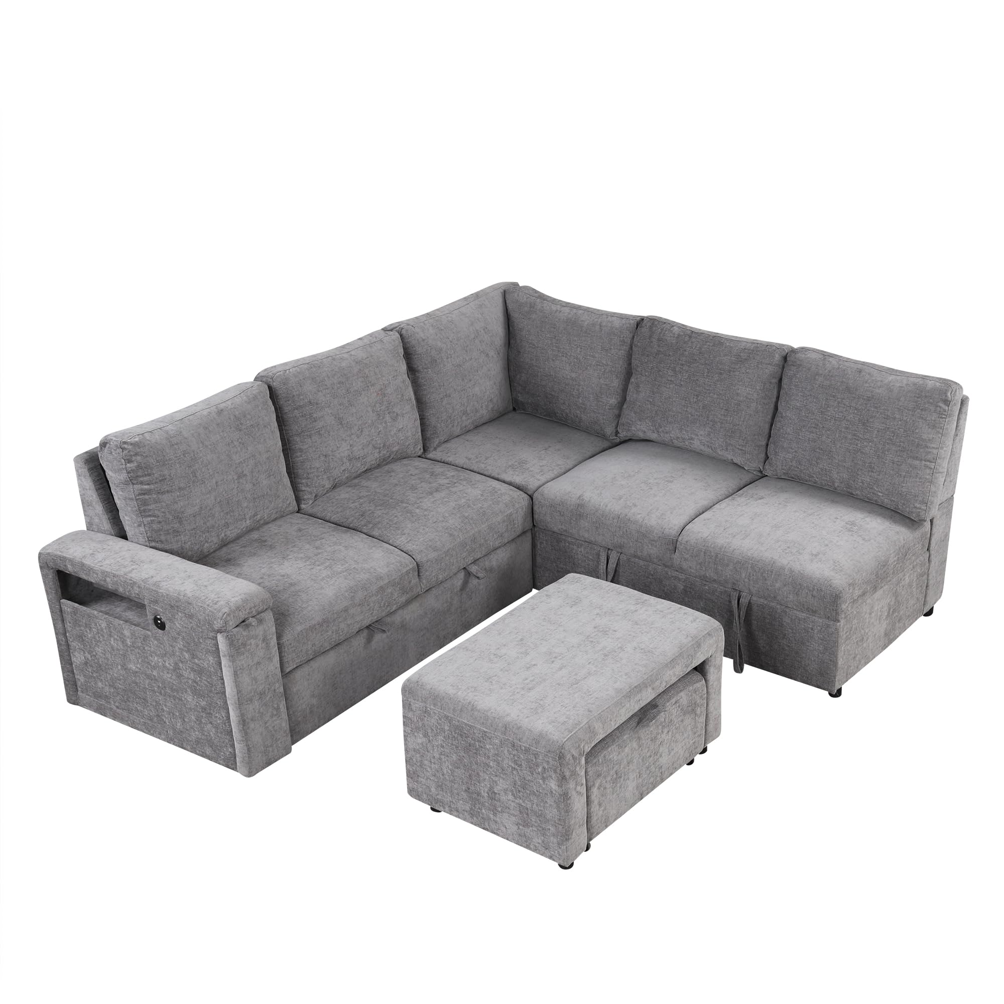 LUMISOL Sectional Sofa with Storage Space, 6 Seat Modular Couch with Cup Holders on The Armrests and USB Ports, L-Shaped Indoor Funiture with Ottoman and Pull-Out Structure for Living Room, Gray