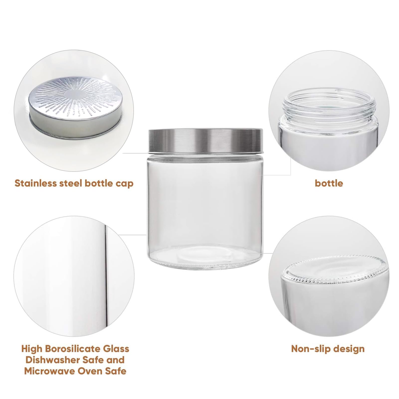 Flrolove Glass Storage Jars with Stainless Steel Lids For The Kitchen,Set of 6,27 oz