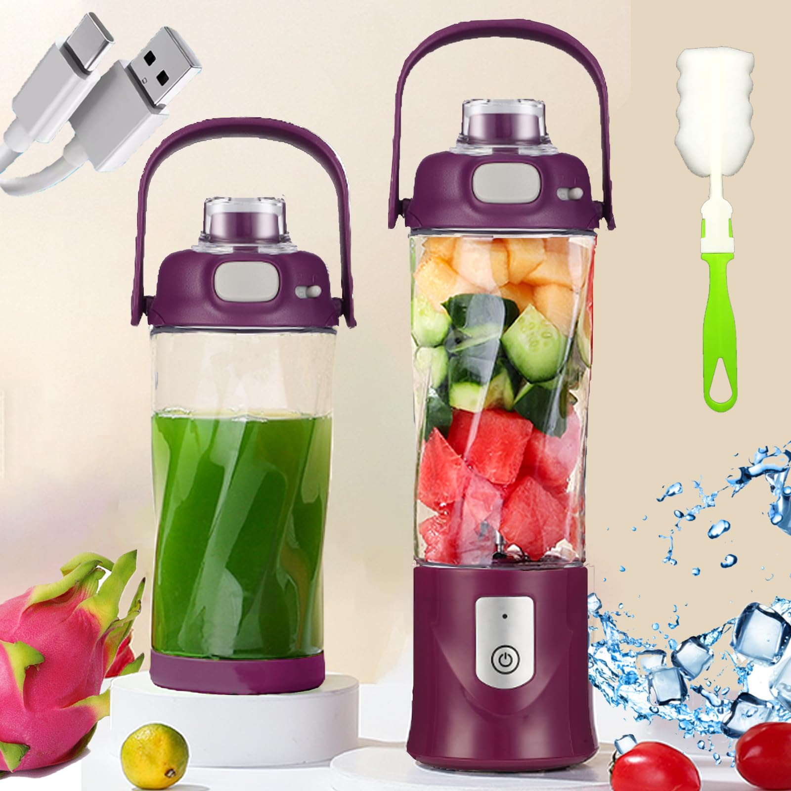 Portable Blender for Shakes and Smoothies,270 Watt Personal Size Blenders,20 oz Waterproof Blender Cup with Travel Lid,Type-C USB Rechargeable on the go Blender Mixing Machine with 6 Blades (Purple)