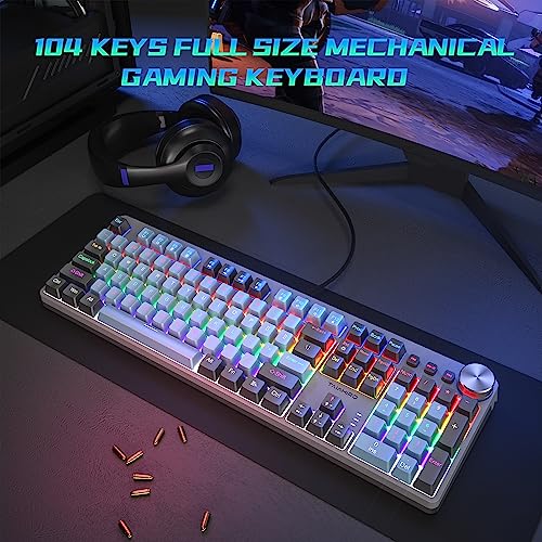 Mechanical Gaming Keyboard, RGB Backlit 104 Keys Full Size Keyboard with Multimedia Knob, Double Shot Keycaps, Full Anti-Ghosting, Blue Switch Wired Computer Keyboard for Windows PC Mac Xbox Gamer