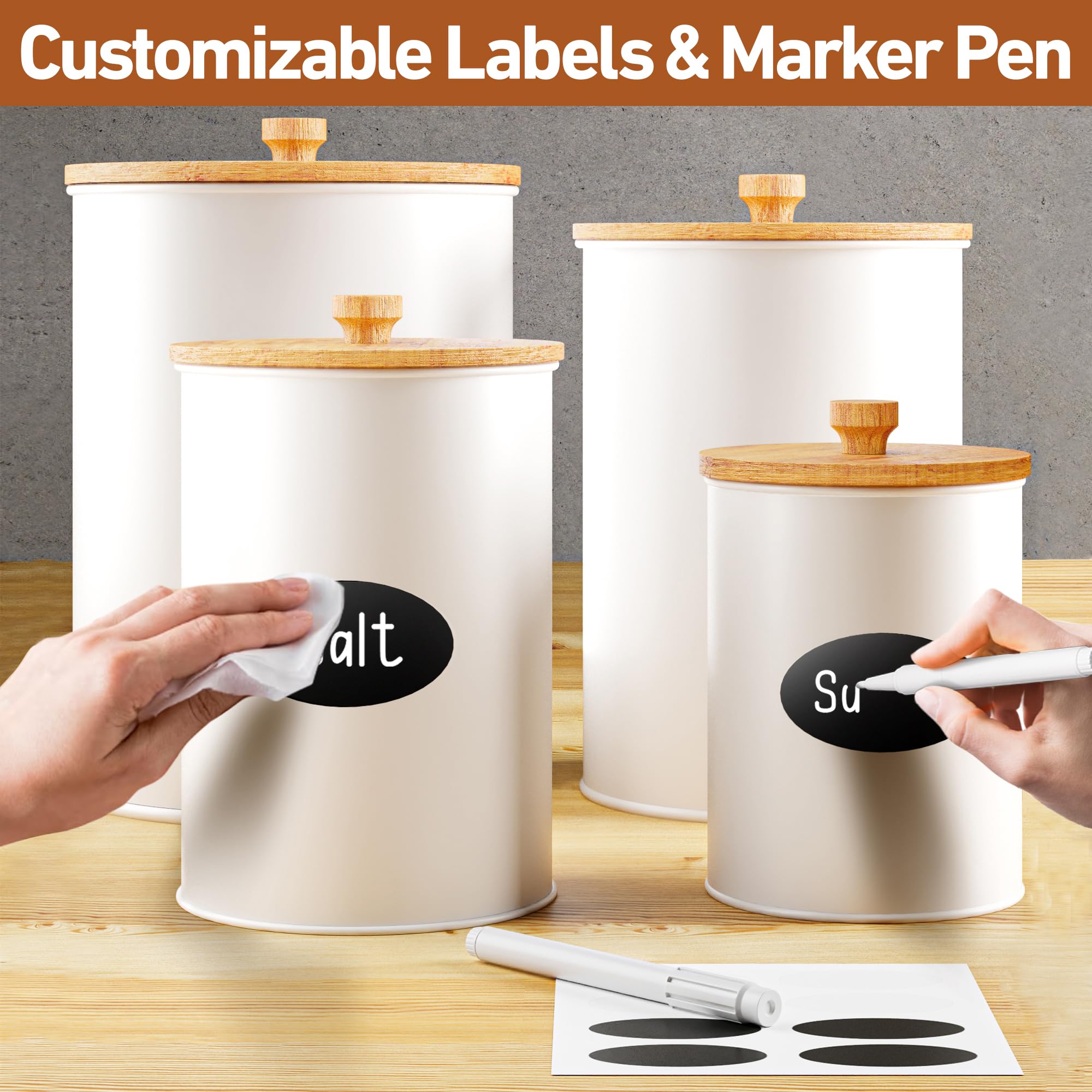 Kitchen Canisters for Countertop Set of 4 with Customizable Chalkboard Labels & Marker Pen - Big Iron Kitchen Canisters with Airtight Lids - Canisters Sets for the Kitchen - White Kitchen Canister Set