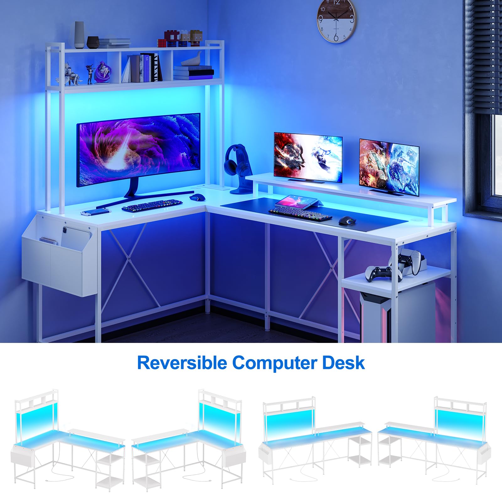 Jojoka L Shaped Computer Gaming Desk with LED Lights & Power Outlets, 67" Reversible Large L-Shaped Desk with Monitor Stand & Storage Shelves (White)