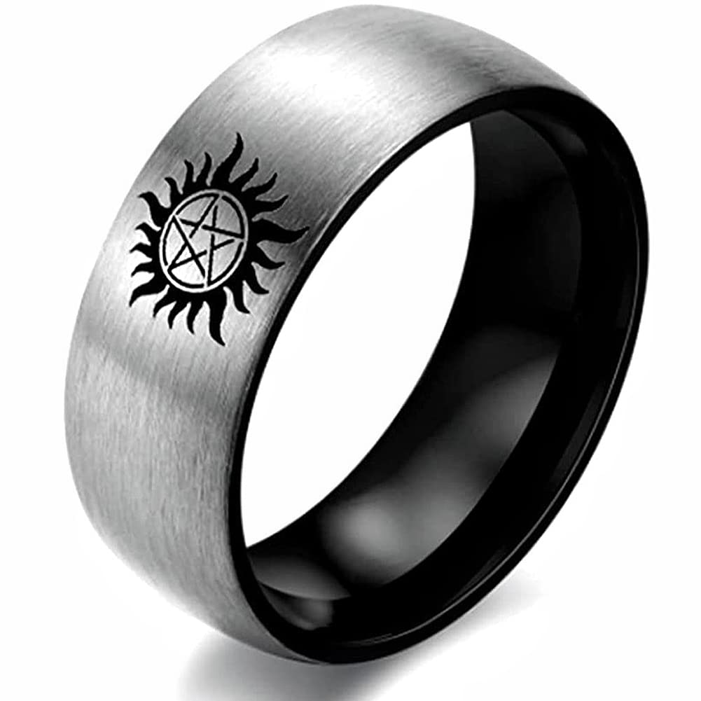HHGVXTLE Supernaturall Ring Two-tone Matte Brushed Wedding Ring Charm Anti-Possession Symbol Titanium Band Ring (9)
