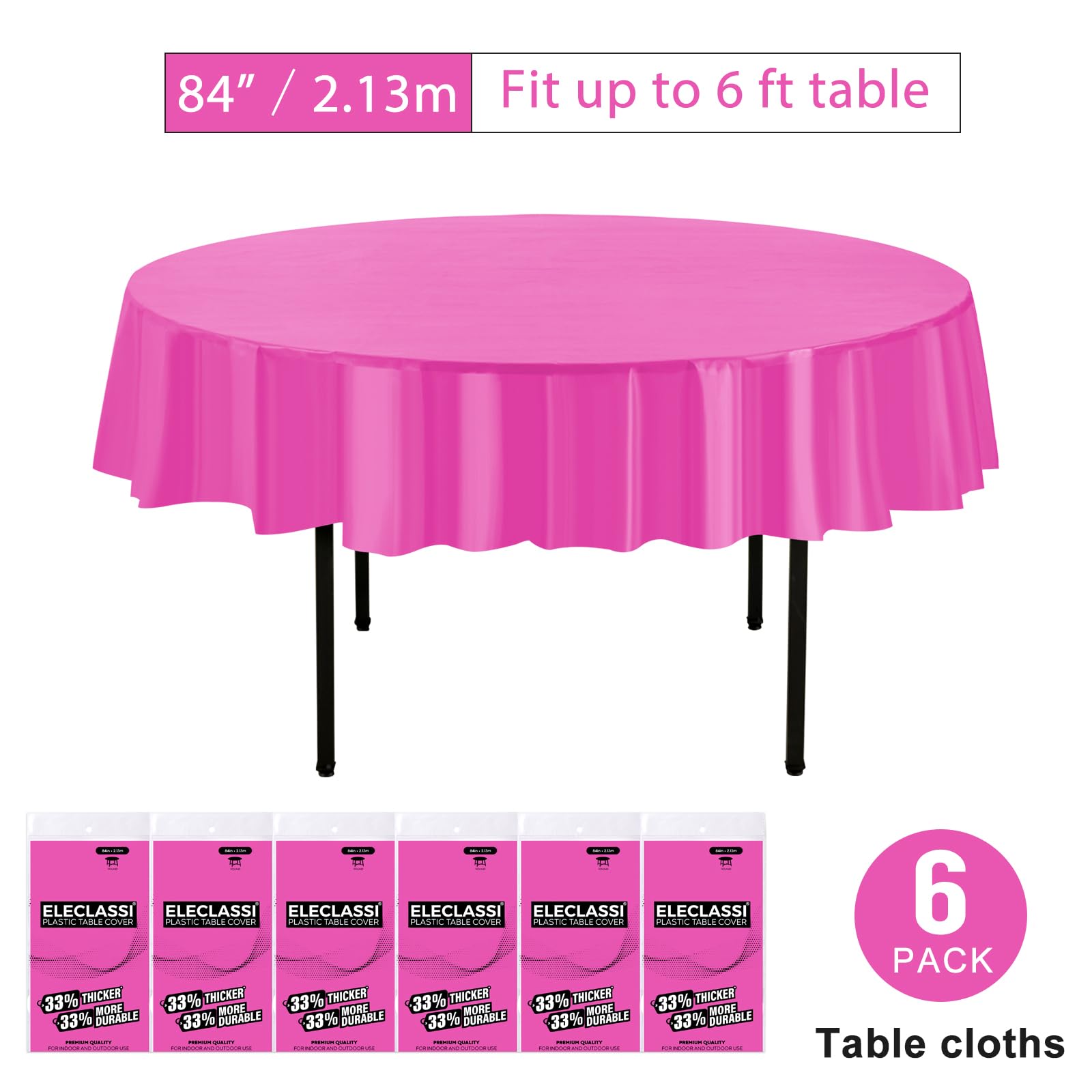 Eleclassi Hot Pink 6 Pack Premium Round Disposable Plastic Tablecloth - 84 Inch Round Plastic Table Cloths for Parties Disposable Tablecloth - Round Plastic Tablecloth - Hot Pink Round Tablecloth