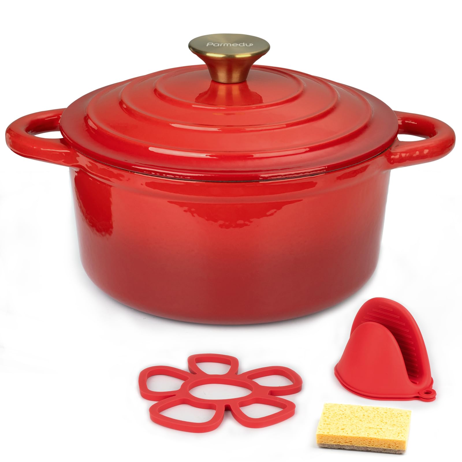 Parmedu Cast Iron Dutch Oven with Lid: 5.5 QT Enameled Cast Iron Dutch Oven, Sturdy Cookware for All Cooktops, Braising, Stews, Roasting, Bread Baking, Red