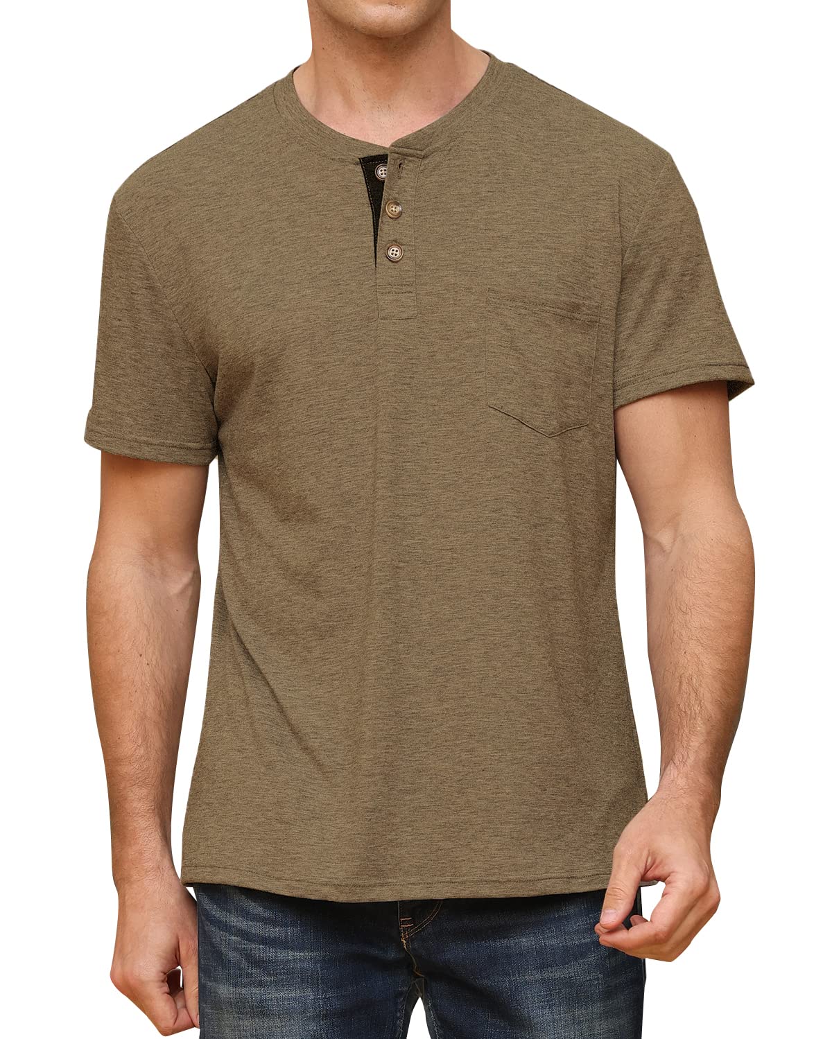 Fashion Men's Henley Shirts Classic Short Sleeve Basic Button Cotton T-Shirt with Pocket Khaki
