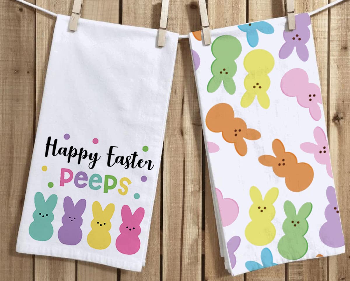 Happy Easter Peeps Kitchen Dish Towel 18 x 28 Inch, Spring Summer Rabbit Tea Towels Dish Cloth for Cooking Baking Set of 2