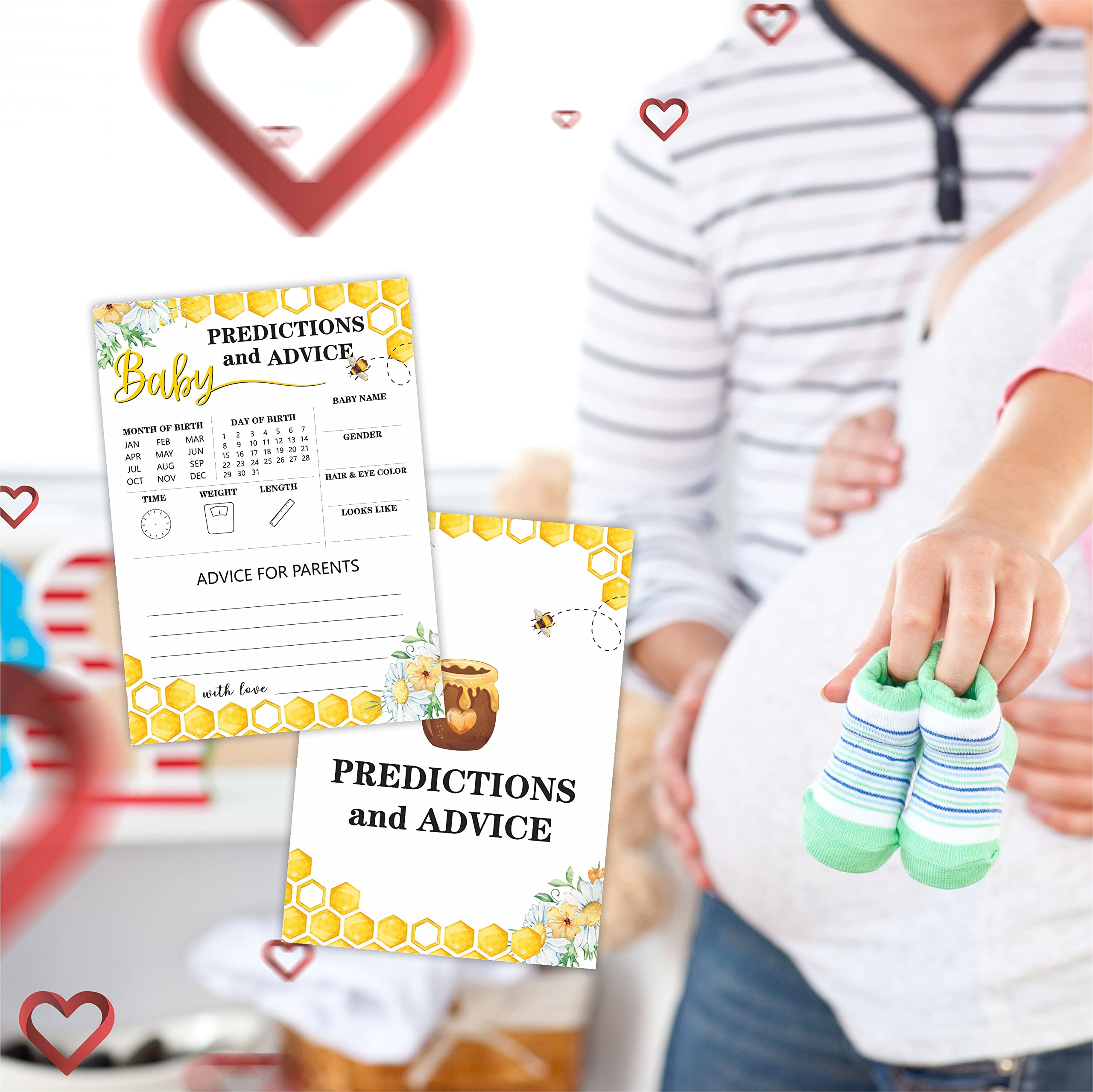 Honey Bee Themed Baby Shower Game Cards, Predictions and Advice double sided - 30 in pack (5 X 7 inches)-(BABYYX-002)