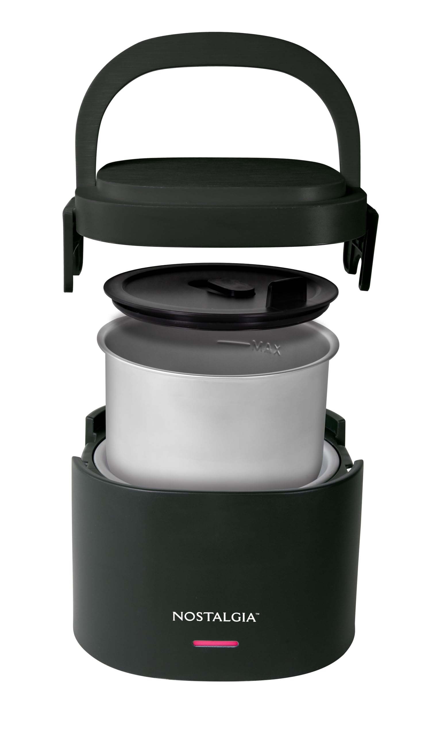 Nostalgia Portable 20-Ounce Electric Heated Lunch Box – Travel Size 2.5 Cup Capacity for Soup, Chili, and Leftovers – Leak Proof Silicone Sealed Lid, Foldable Carry Handle, Detachable Cord – Black