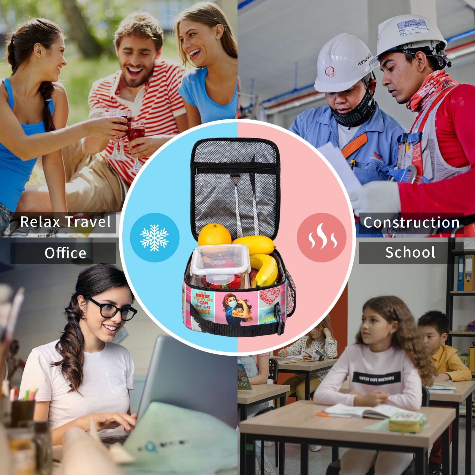 Kaeddi Nurse Lunch Bag Heat Insulated Lunch Box Leakproof Durable Portable Reusable Handbags Large Capacity Thermal Cooler Black One Size