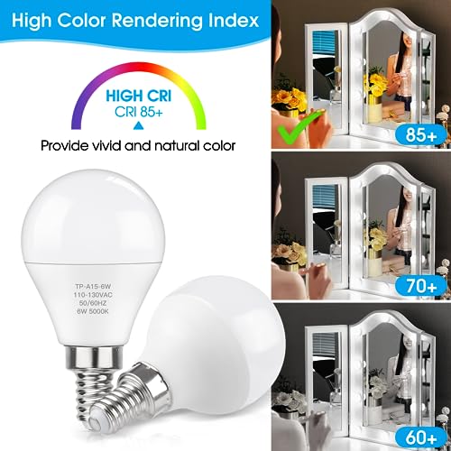 MAXvolador E12 LED Bulbs 60W Equivalent, Daylight White 5000K Ceiling Fan Light Bulbs, 600LM CRI 85+ Small Base LED Candelabra Bulbs, 6W A15 LED Bulb, Non-Dimmable, Pack of 6