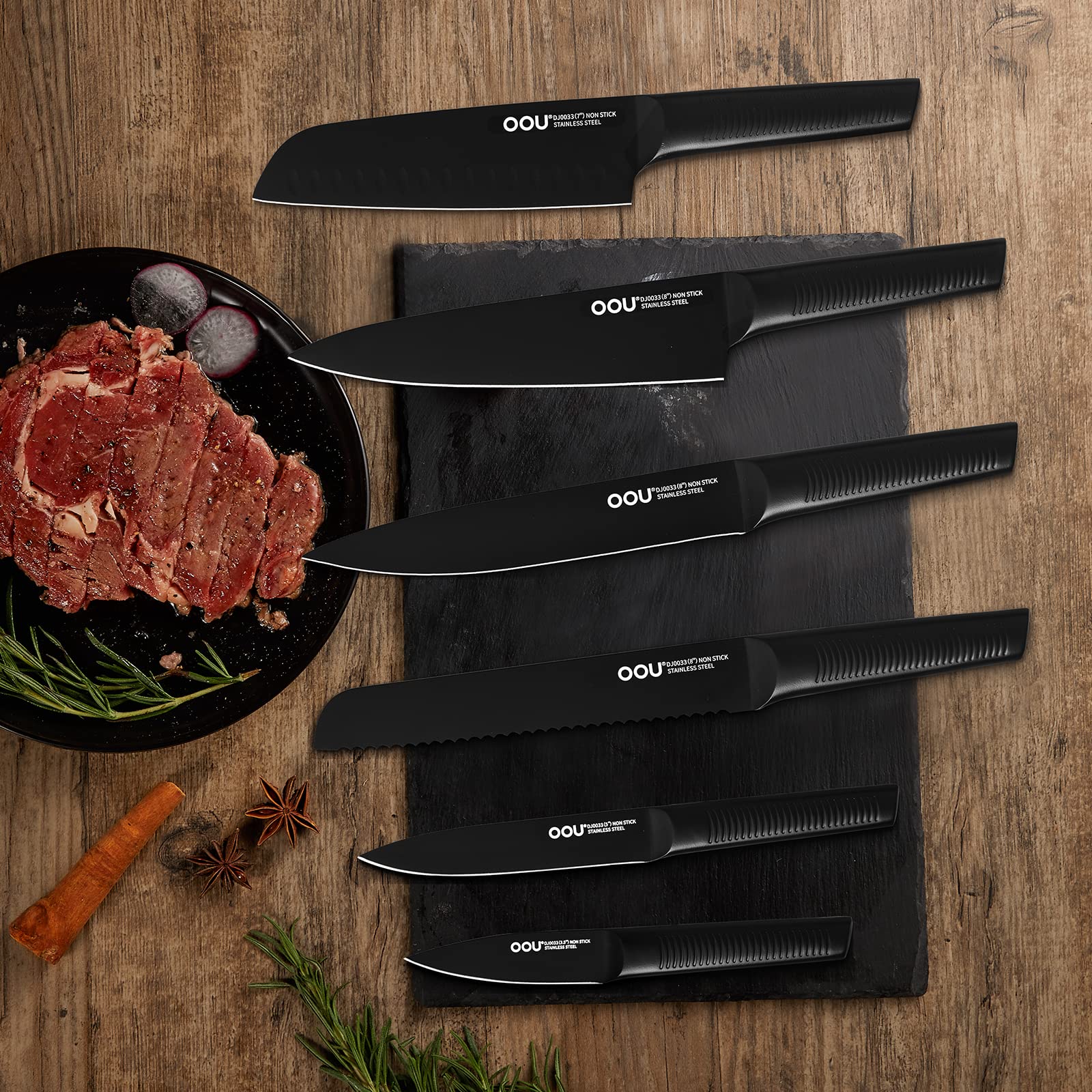 Kitchen Knife Set - OOU 6 pieces Professional Stainless Steel knife set, Dishwasher Safe Kitchen Knives - Ultra Sharp Chef Knife Set for Kitchen, Ergonomic Handle, Elegant Black