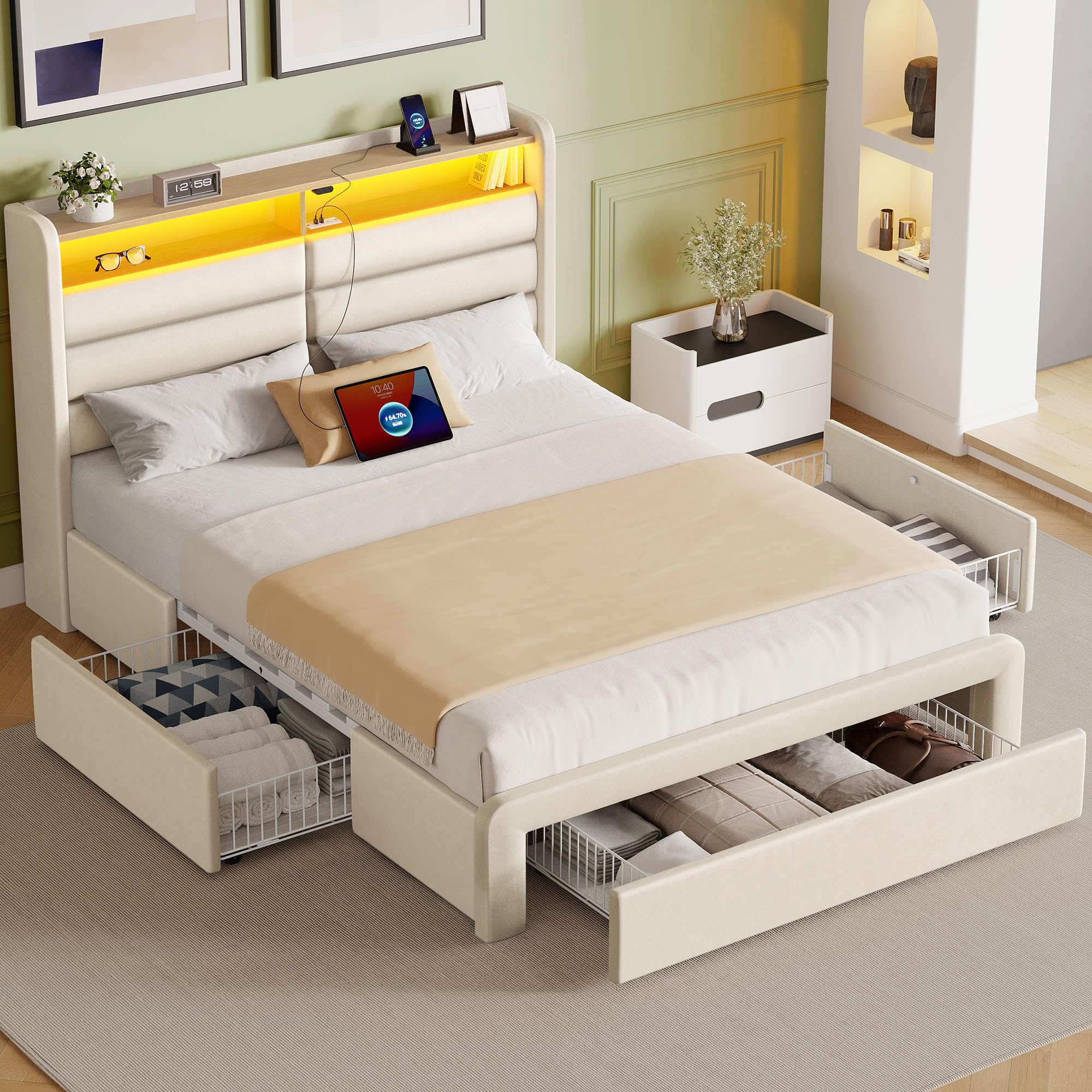 Seventable Full Size Bed Frame with 4 Storage Drawers & Charging Station, Upholstered Platform Bed with Storage Headboard and LED Light, No Box Spring Needed, Noise Free, Easy Assembly, Cream White