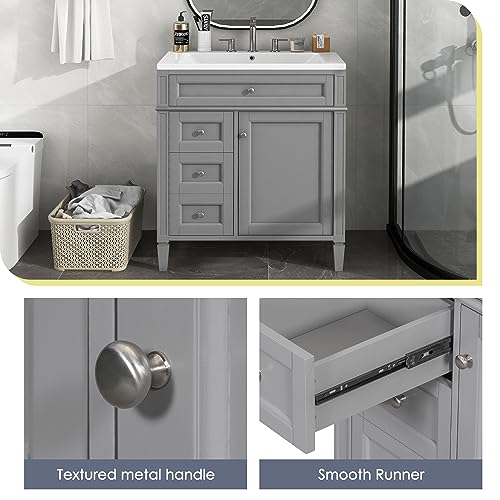 Virubi 30" Bathroom Vanity with Single Sink Combo, Modern Undermount Bathroom Sink Cabinet with 2 Drawers and a Tip-Out Drawer, Freestanding Bathroom Vanities (Grey)