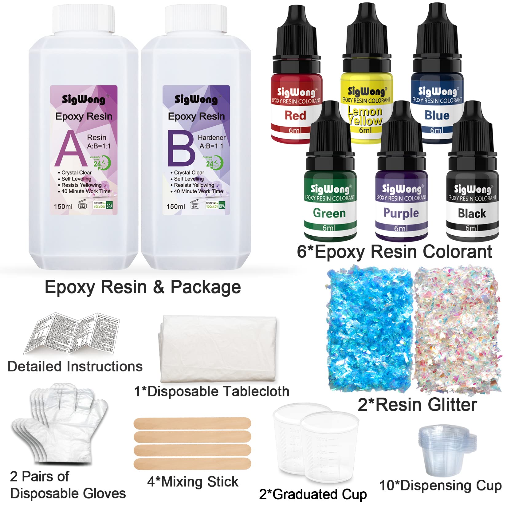 Epoxy Resin Crystal Clear Coating Kit 300ml - 2 Part Casting Resin For Art, Craft, Tumbler, Jewelry Making, Bonus Glove, Mixing Stick, Graduated Cup, Resin Pigment, Glitter, Dispensing Cup, Tablecloth