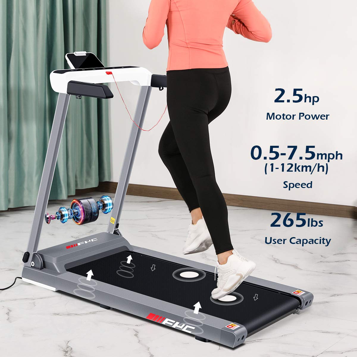 FYC Folding Treadmill for Home Electric Treadmill Exercise Running Machine Portable Compact Treadmill Foldable for Walking Home Gym Fitness Workout Jogging, Free Installation Gray