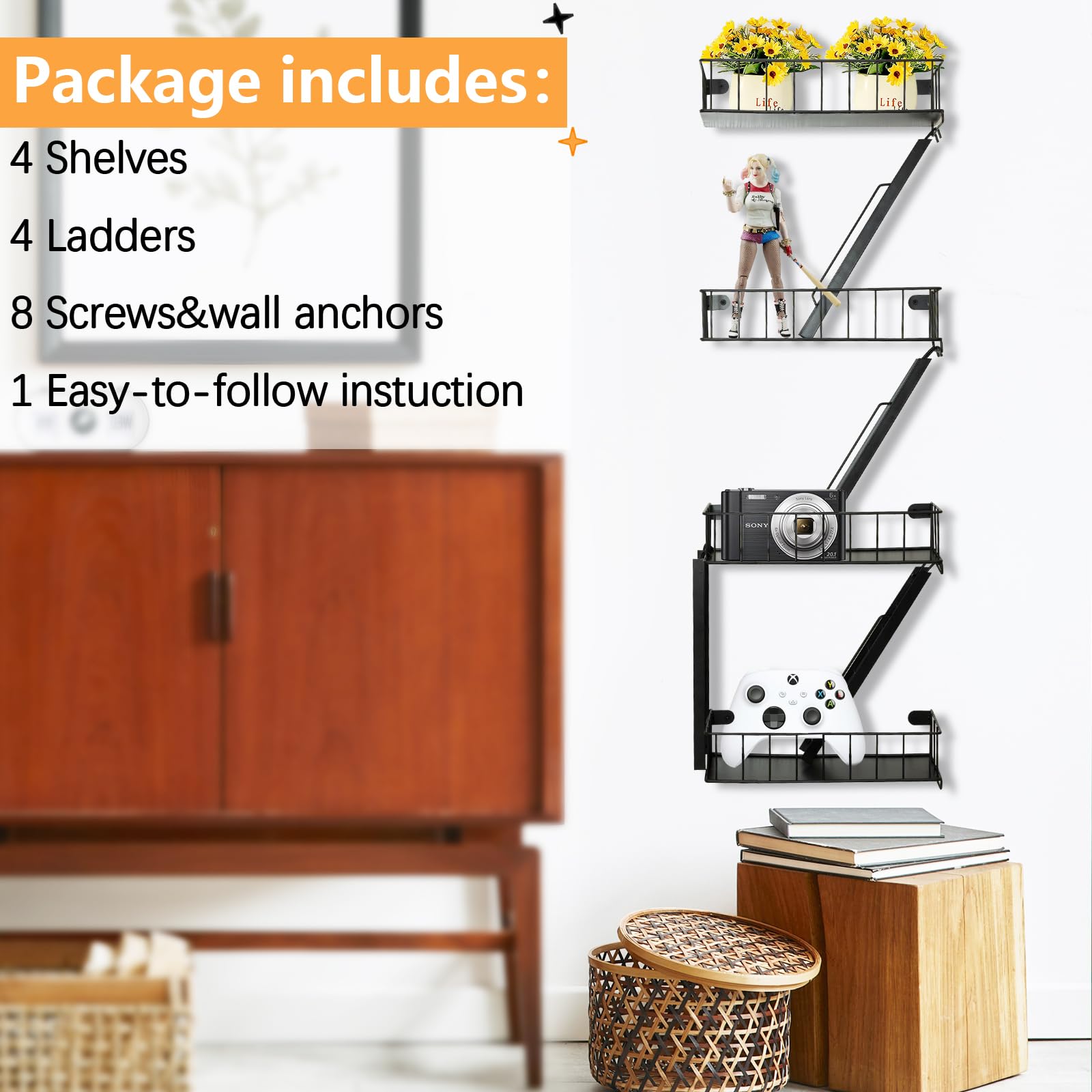 INPARALLUV Fire Escape Shelf Fire Escape Wall Shelf Wall Mounted Floating Shelf Black Metal Shelf 3 Tier