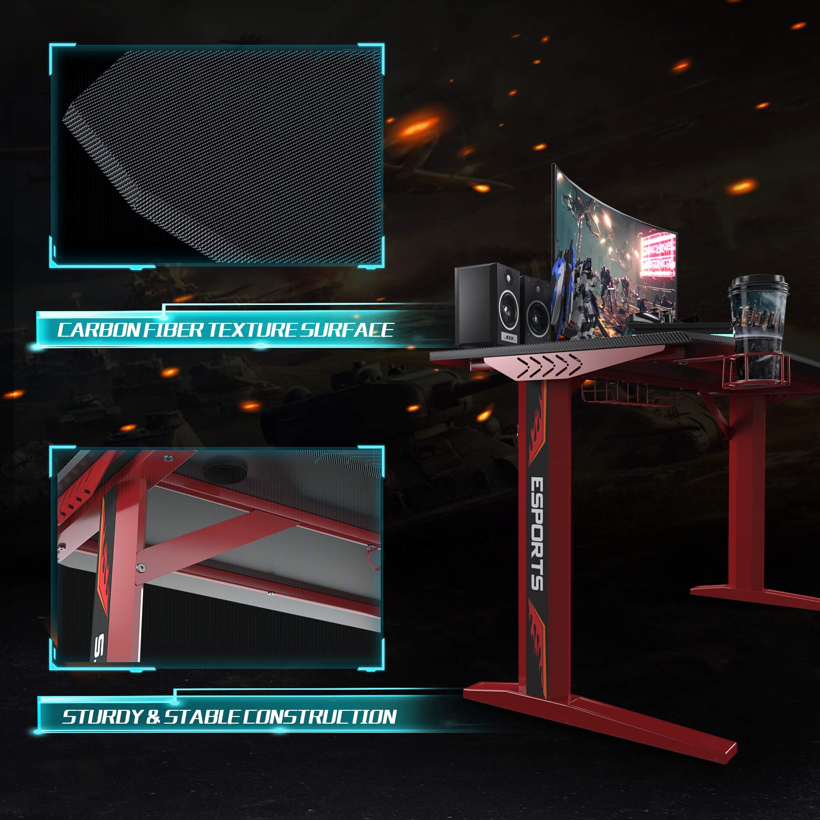 Foxemart Gaming Desk 55 inch PC Gaming Desk, Game Computer Desk Workstation, T-Shaped Professional Gaming Desk, Home Office Computer Table with Cup Holder & Headphone Hook