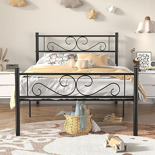 VECELO Twin Size Bed Frame with Headboard, 14 Inch Metal Platform Mattress Foundation, No Boxing Spring Needed, Squeak Resistant, Easy Assembly, Black