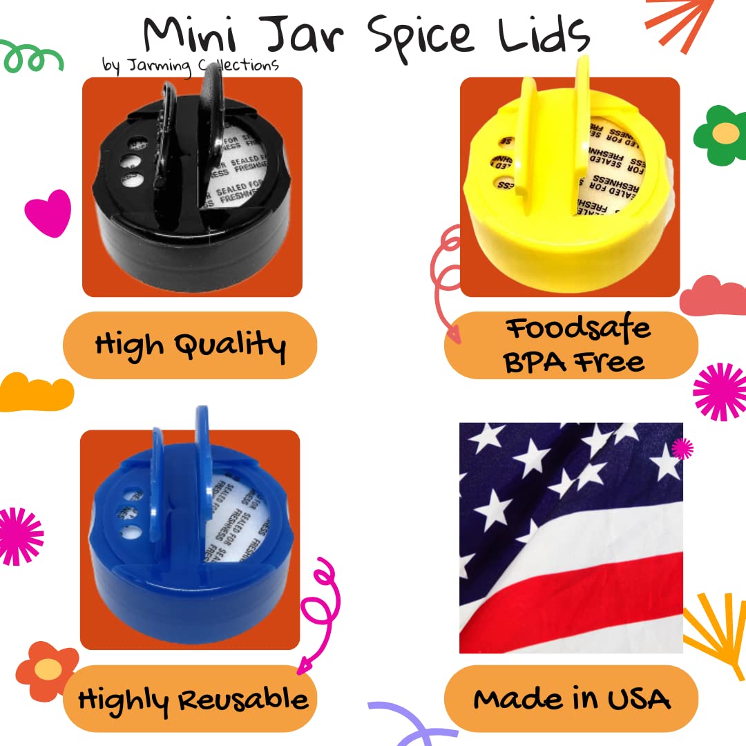 Jarming Collections 4 Oz Miniature Storage Jar Spice Lids - Plastic Pour & Shaker Lids For Miniature Storage Jars - Fits 4 oz Miniature Storage Jars - 48mm - Made in the USA (12 pcs., Black)