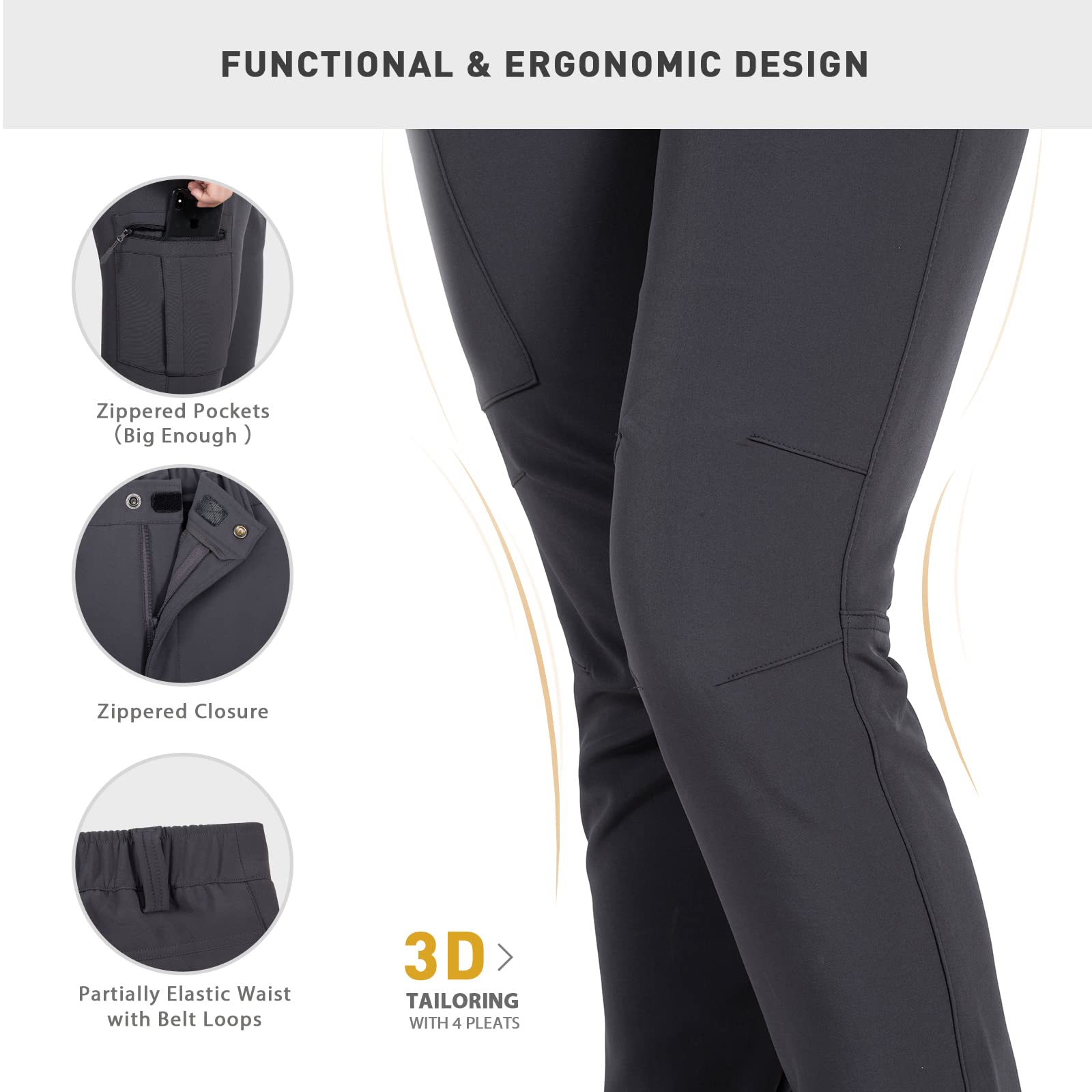 Gouxry Women's Snow Ski Pants Hiking Fleece Lined Insulated Waterproof Windproof Outdoor Cargo Snowbard Pants (Black, XL)