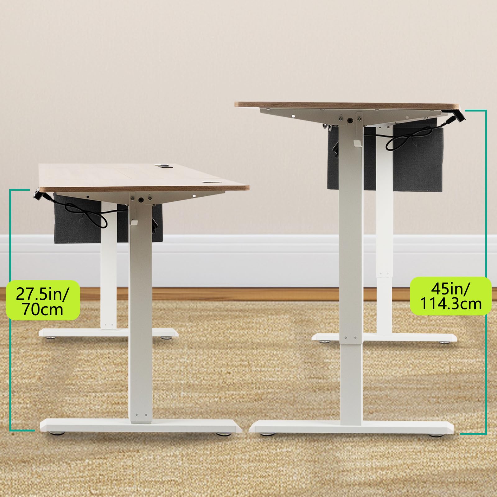 PORIYA 55x24 Inch Electric Height Adjustable Standing Desk with Cable Management, Splice Board, Mouse Pad, 2-Outlet Power Strip with USB 20W Charger, and Casters(White Frame&Log Top)