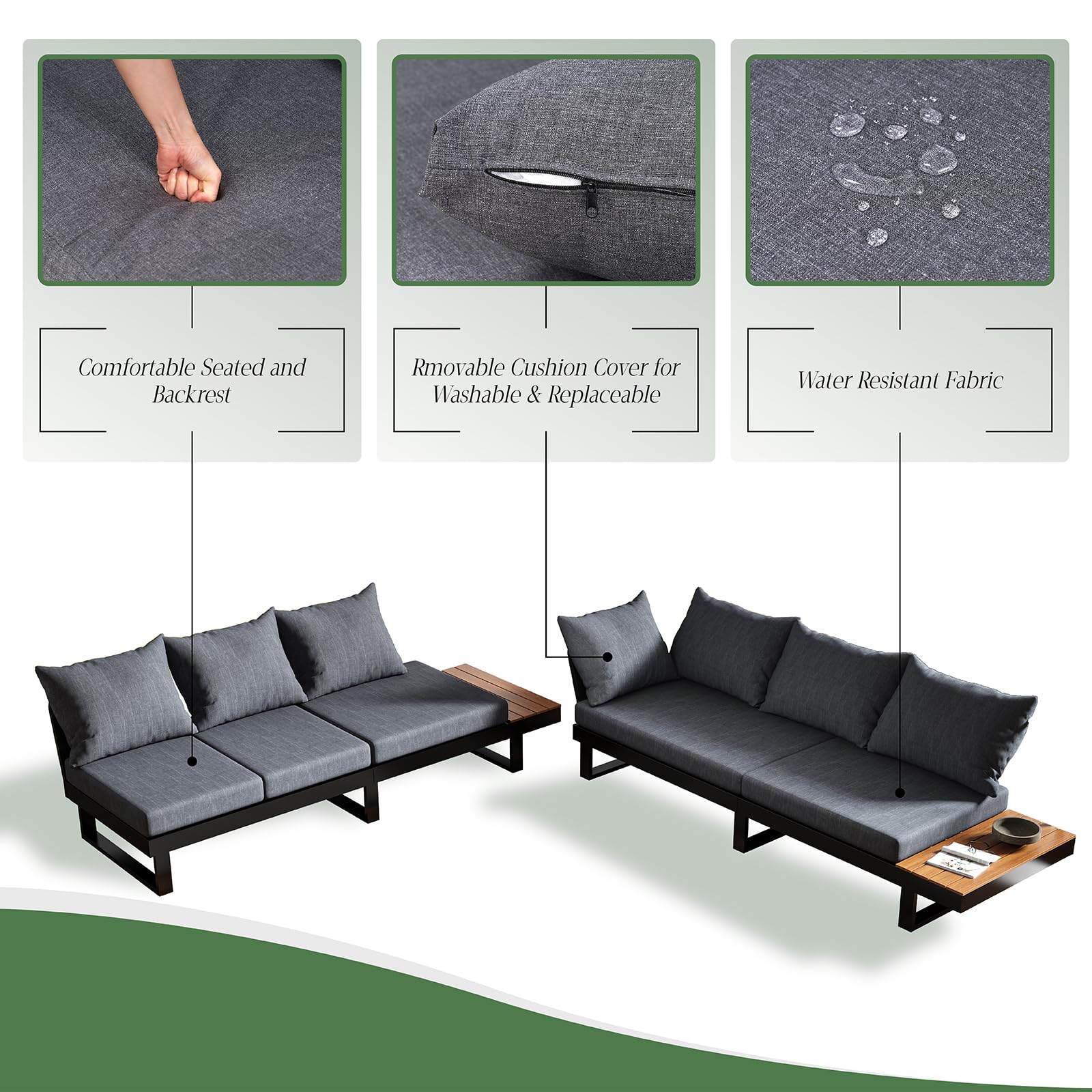 LUXOAK 3-Piece Patio Furniture Sets, Outdoor Aluminum Furniture Sofa, with Wood Side Table & Washable Cushions(Adjustable Backrest)