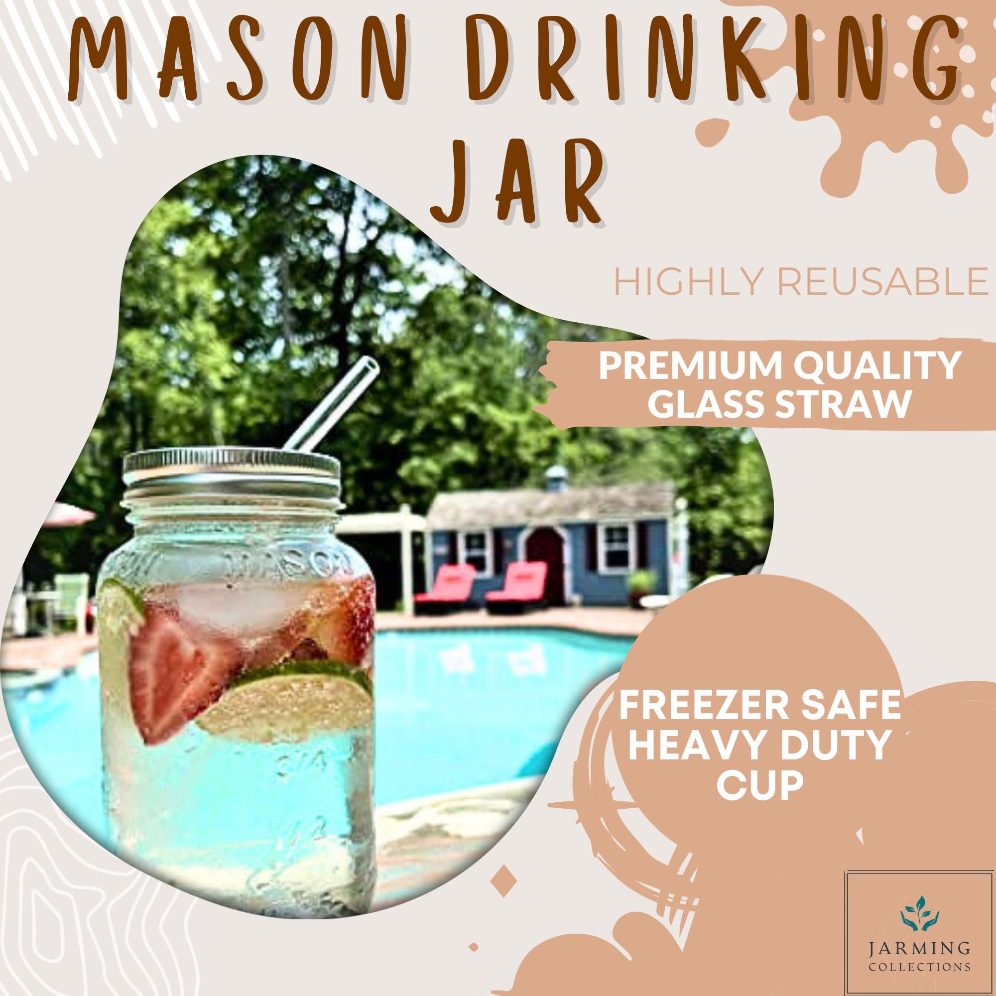 Jarming Collections Home Glass Cups β Mason Jar Drinking Glasses - Mason Jar Cup - Glass Cup With Lids And Straws - 24oz Iced Coffee Cup β Glass Tumbler With Straw And Lid - Ice Coffee Cup (Set of 2)