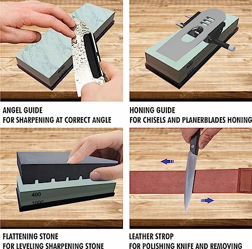 Parichan’ Professional Knife Sharpening Stone Kit – Premium 4 Grit 400/1000/3000/8000 Whetstone with Flattening Stone, Cut Resistant Glove, Bamboo Base, Fixed Angle, Angle Guide, Leather Belt