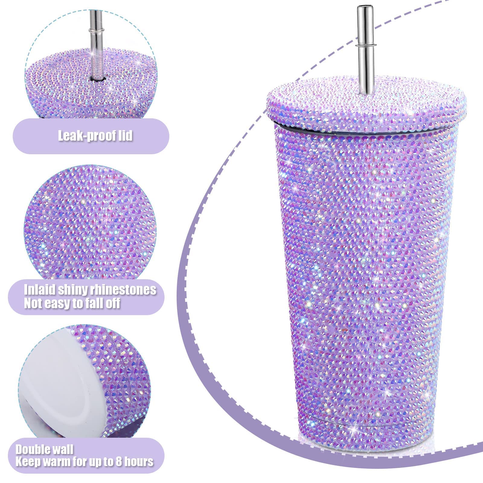 KAKAA Thermos portable 17Oz Water Bottle double stainless steel Inside 304 Outer 201 Pure Handmade Cup with Lids and Straws Studded Skinny Tumblers for women's gift (purple)