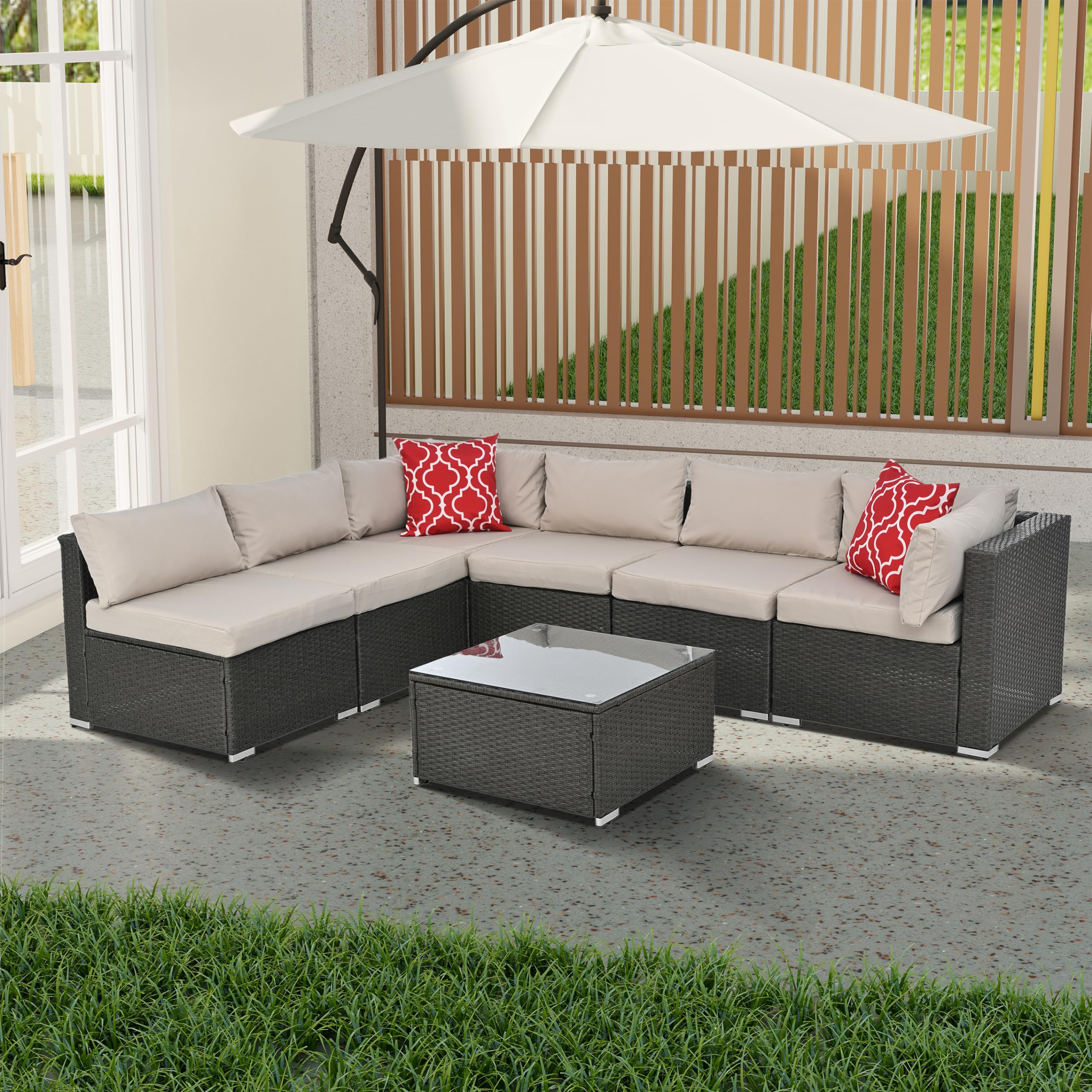 Morhome 6 Piece Patio Furniture Set Rattan Outdoor Sectional Conversation Sets, Dining Table Chair with Bench and Cushions for Backyard, Pool, Lawn