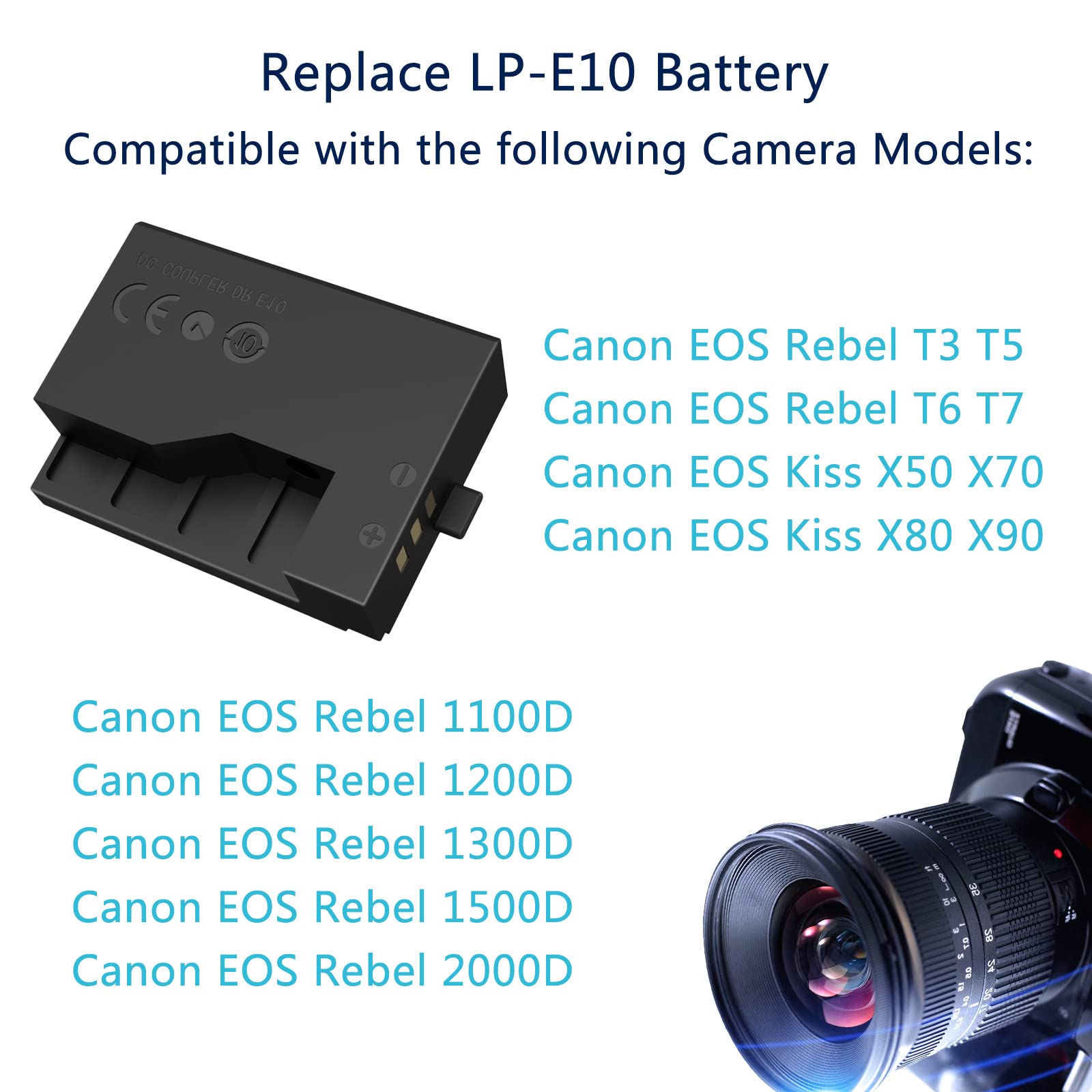 F1TP ACK-E10 AC Power Supply Adapter DR-E10 Dummy Battery Kit Replace LP-E10 Battery for Canon EOS Rebel T3 T5 T6 T7 1100D 1200D 1300D 1500D 2000D Cameras