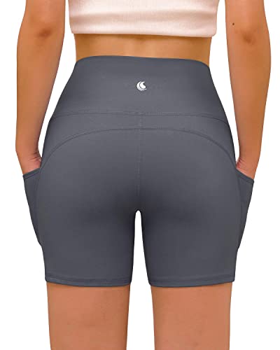 FAFAIR Stretchy Yoga Shorts for Women with Pockets Athltic Cycling Non See Through Shorts Dark Grey L