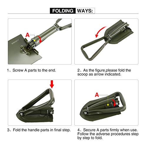 REDCAMP Military Folding Camping Shovel,High Carbon Steel Entrenching Tool Tri-fold Handle Shovel with Cover,Green 2.5lbs