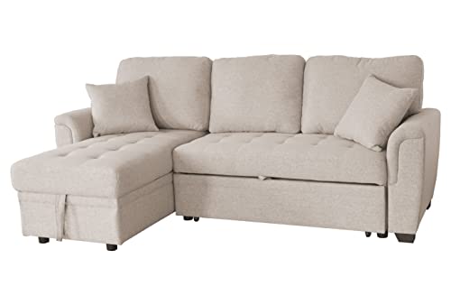 Melpomene Upholstered Sectional Sofa Couch, Convertible Pull Out Bed Sleeper Sofa with Storage 3 Seater L Shaped Couch with 2 Pillows,Linen Fabric Corner Sofa for Living Room(Beige)