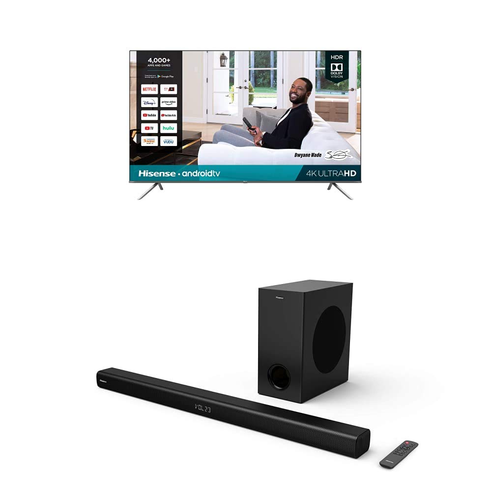 Hisense 85H6570G 85-Inch 4K Ultra HD Android Smart TV with Alexa Compatibility (2020) 2.1 Channel Sound Bar Home Theater System with Wireless Subwoofer and Bluetooth (Model HS218)