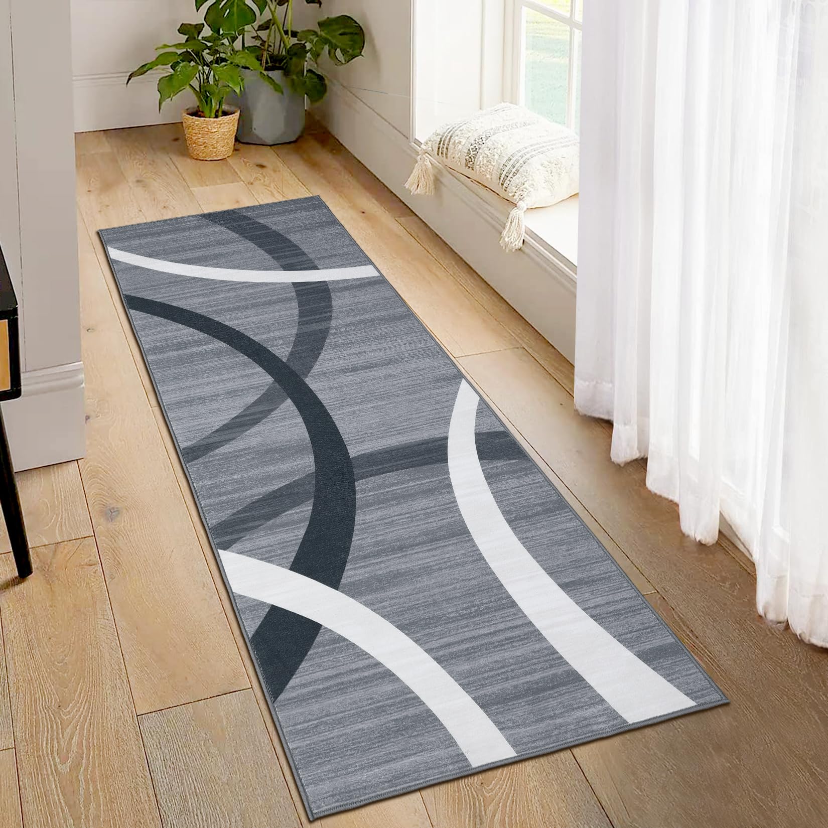 ROYHOME Runner Rug 2x6 Washable Rug Modern Wavy Circles Design Area Rug Non Slip Kitchen Rugs Ultra Thin Accent Rug Contemporary Area Rug for Hallway Bedroom, Grey
