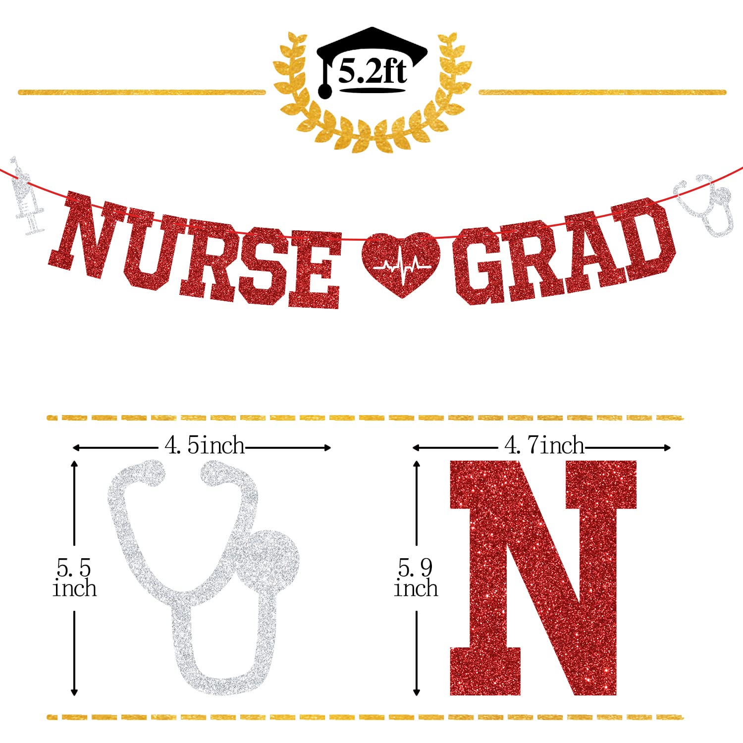 Nurse Grad Banner - Congrats RN/BSN Graduation Sign - Future Nurse/Medical/Nursing School Graduation Party Decorations Supplies, Red Glitter