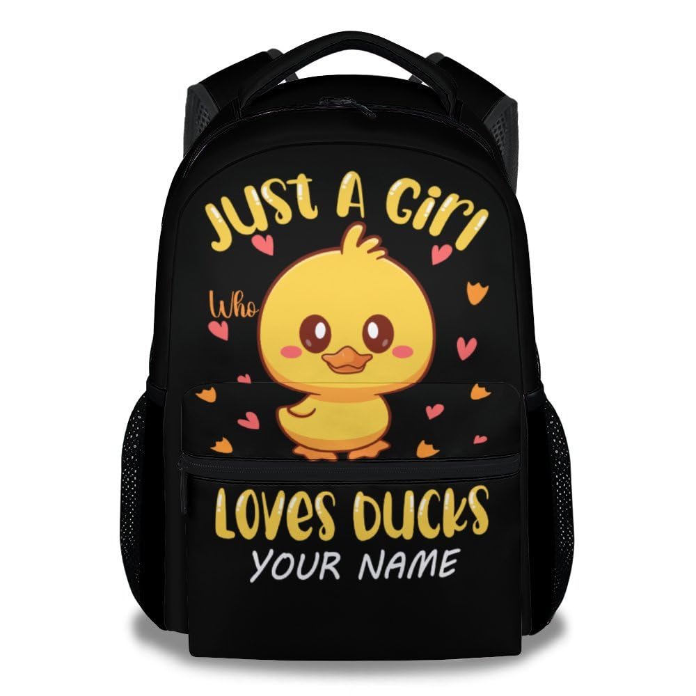 FUZZYFIT Personalized Duck Backpacks for Girls, 16 Inch Cute Print Backpack for School, Black Lightweight Bookbag for Travel