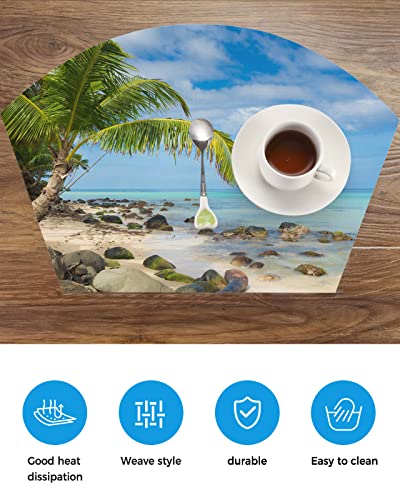 Placemats Set of 5,Palm Tree Beach Sea Cloud Blue Sky Island Reef Stone Indoor Outdoor PVC Weave Place Mats Wipeable Dining Table Placemats Heat Insulation Table Mats