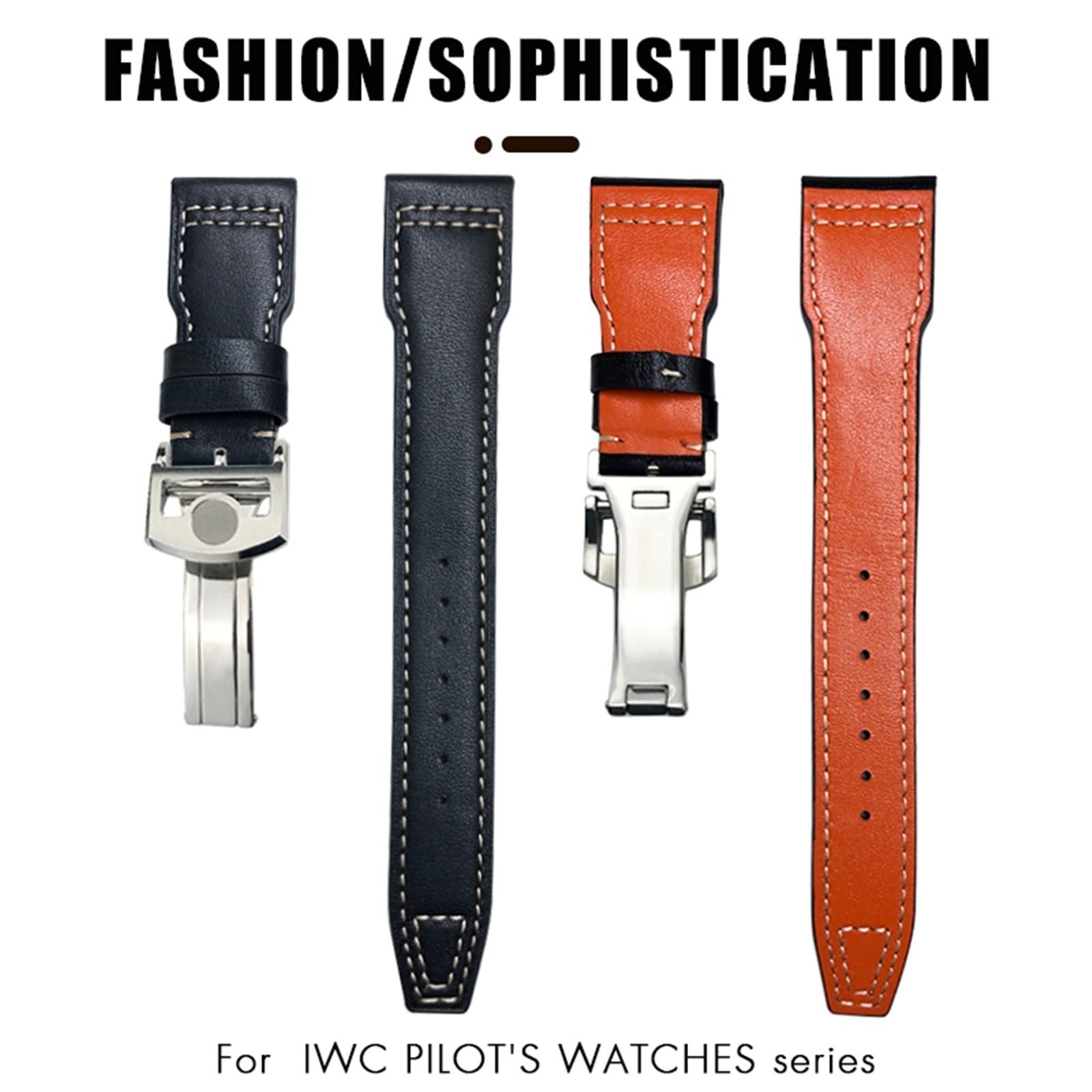 EKINS 20mm Genuine Leather Watchband For IWC Big Pilot Watch Mark 18 Spitfire TOP GUN Hamilton Cowhide Soft Watch Strap (Color : Black Black Rivet 2, Size : Rose Buckle)