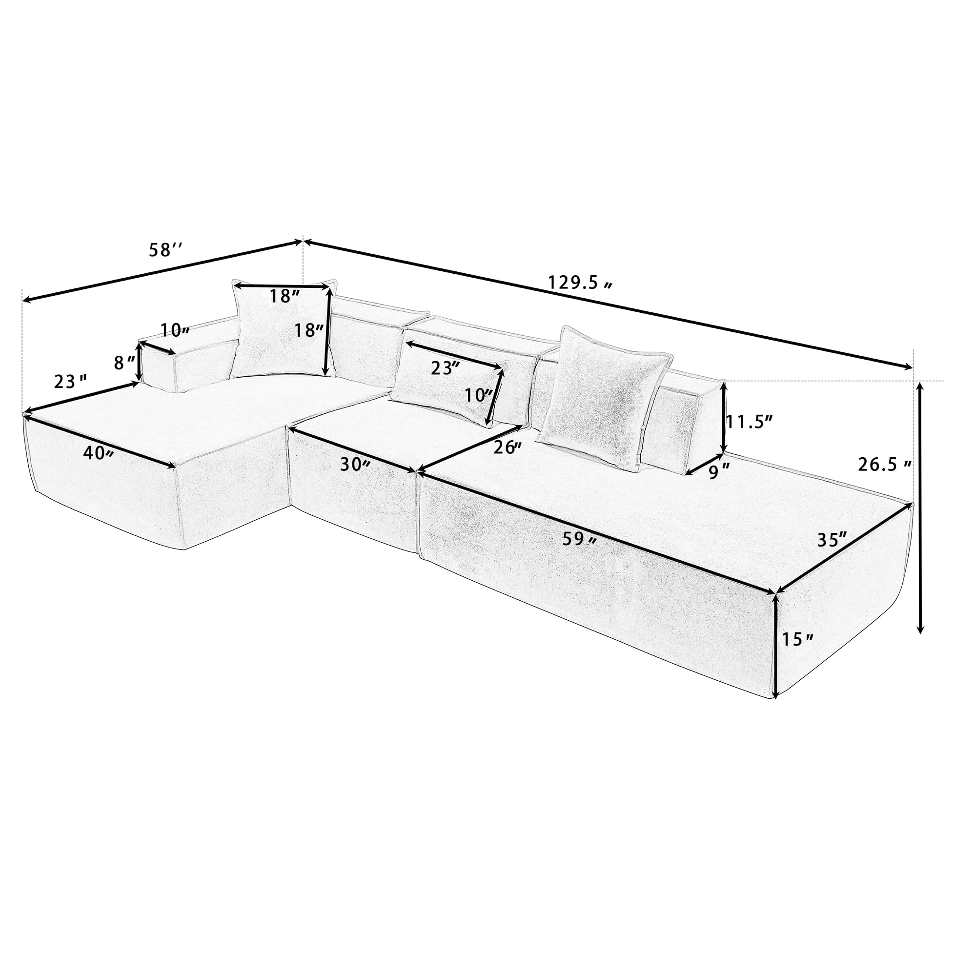 OPULHAUS Modern Minimalist Upholstered Couch,130" Oversized Modular Floor L-Shaped Sofa Set,Modern Upholstered Combination Facing Sofa, 3 PC Free Combination (130" Left-Hand Facing, Light Brown)