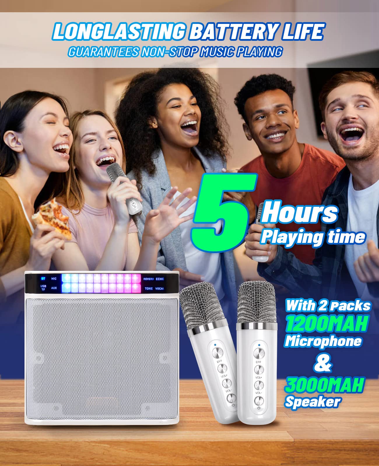 JIEFOCH Karaoke Machine with 2 Microphones for Adults and Kids,PA Speaker System with Disco Light for Kids (White)