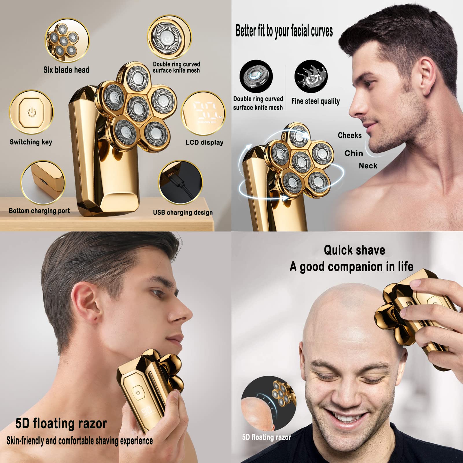 LXosff 5-in-1 New Multifunctional Men's Electric Razor for Bald Men,Head Shaver for Men, Ergonomic Design, Cordless and Rechargeable.