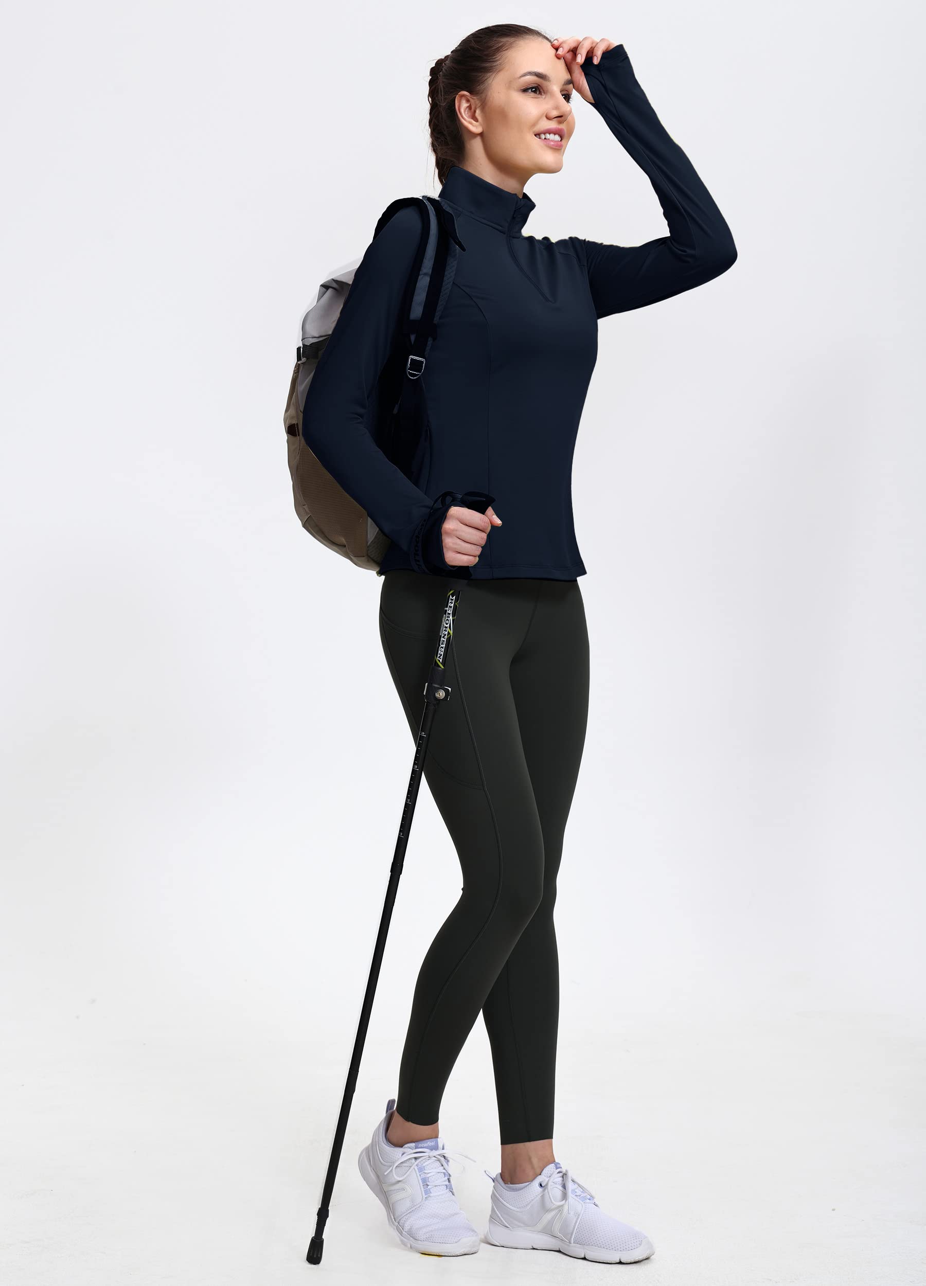 Hiverlay Women's Thermal Fleece Half Zip Thumbholes Long Sleeve Running Pullover Equestrian Shirt for Cold Weather Blue S