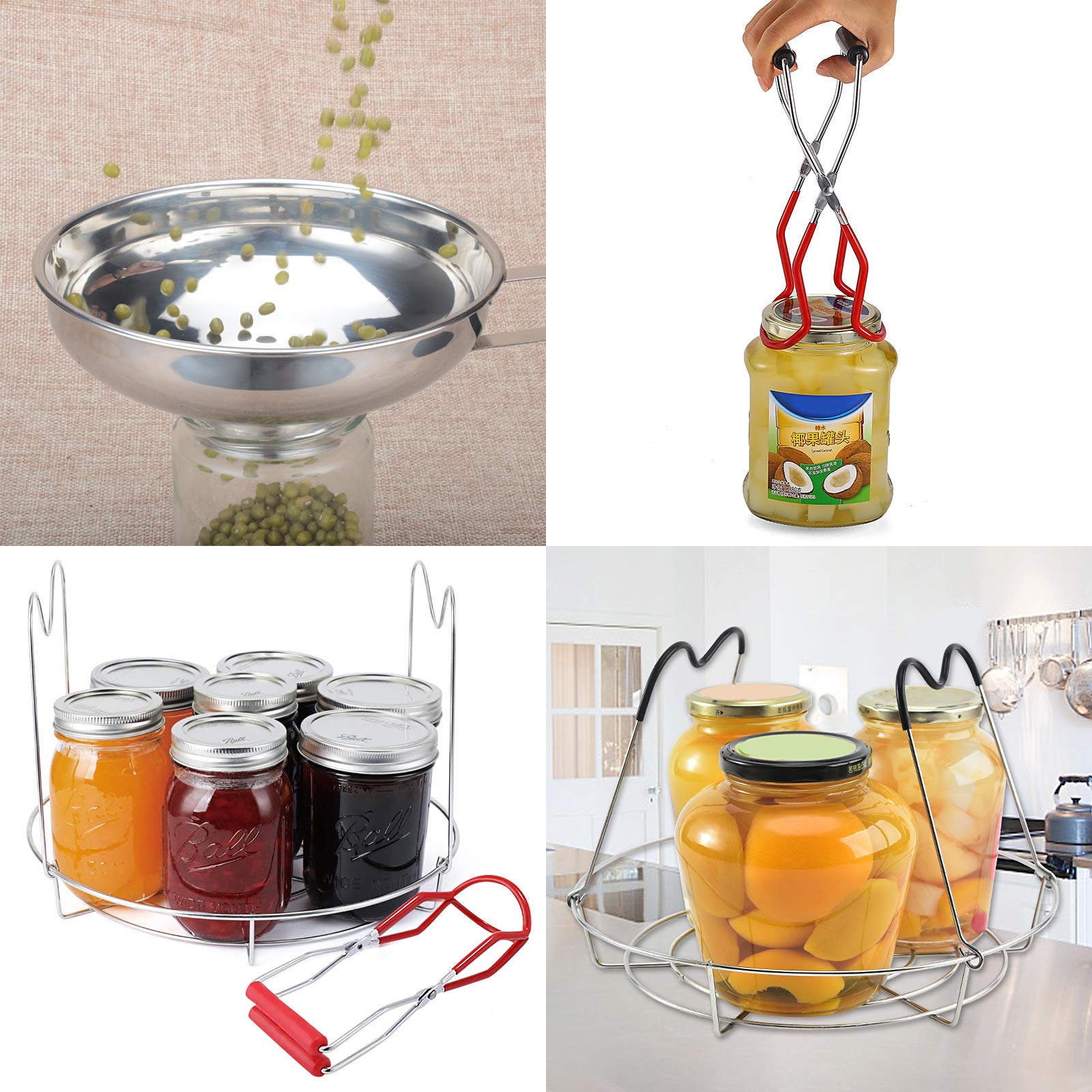 Kalolary Canning Rack, 3PCS Canning Kit Jar Tongs Stainless Steel Canning Funnel Jar Lifter Canning Rack with Silicone Handle Heat-resistant Kitchen Canning Supplies(Jars Not Included)