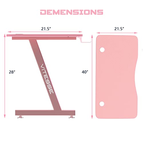 VITESSE Pink Gaming Desk, 40 inch Ergonomic Gaming Desk for Girls, Cute Kawaii Computer Desk, Gaming Tables with Headphone Hook…