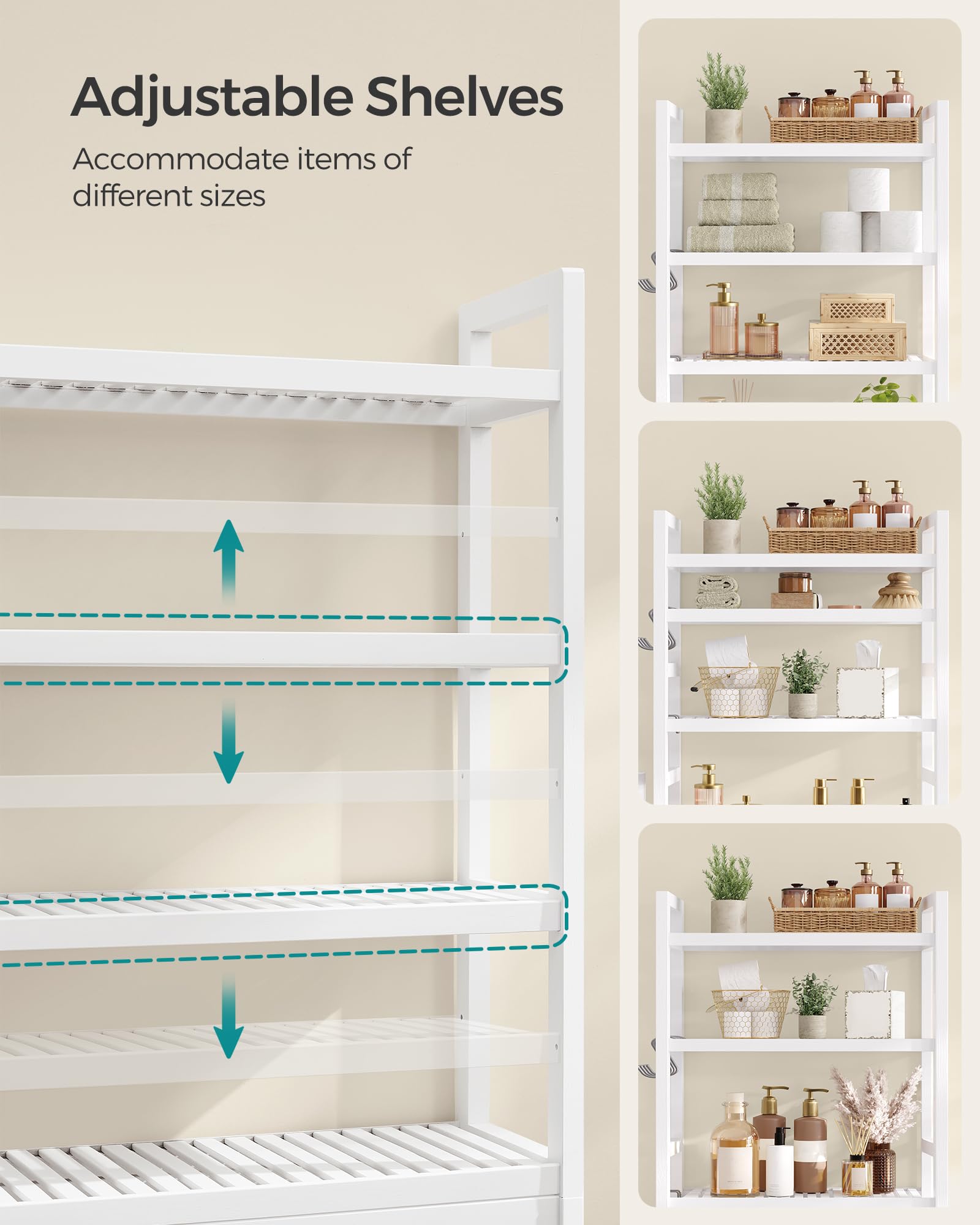 SONGMICS Over The Toilet Storage, 4-Tier Over Toilet Bathroom Organizer with Adjustable Shelf, Fit Most Toilets, Space-Saving, Easy Assembly, Cloud White UBTS041W01