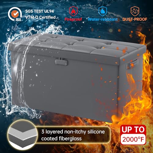 ENGPOW Storage Ottoman Bench,Fireproof Folding Storage Bench with Lock,30 Inches Fire&Water Resistant Storage Chest Foot Rest Stool Leather Bedroom Bench with Storage Safe for Document,Valuables,Grey